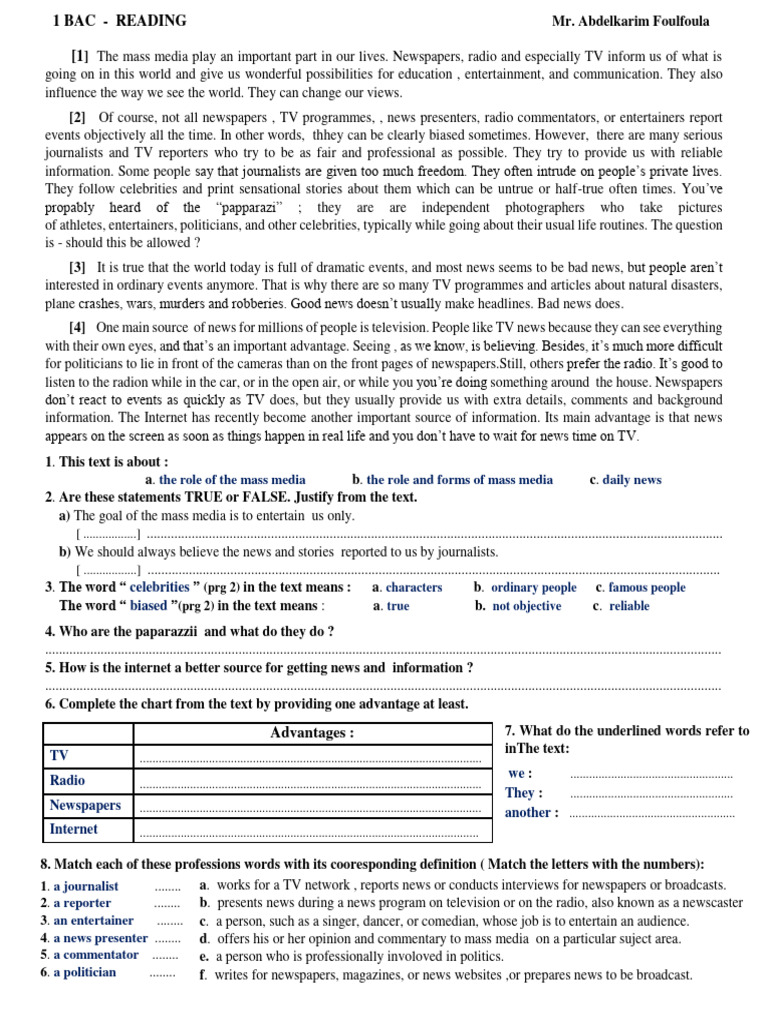 1 Bac Reading Mass Media | PDF | News | Mass Media