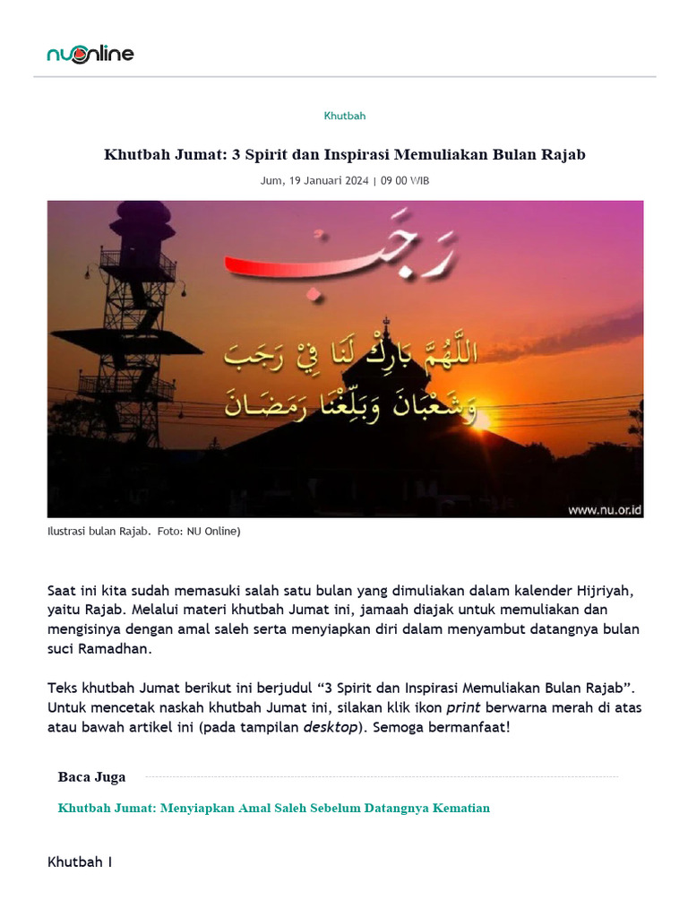 Khutbah Jumat - 3 Spirit Dan Inspirasi Memuliakan Bulan Rajab | PDF | Seni & Disiplin Bahasa