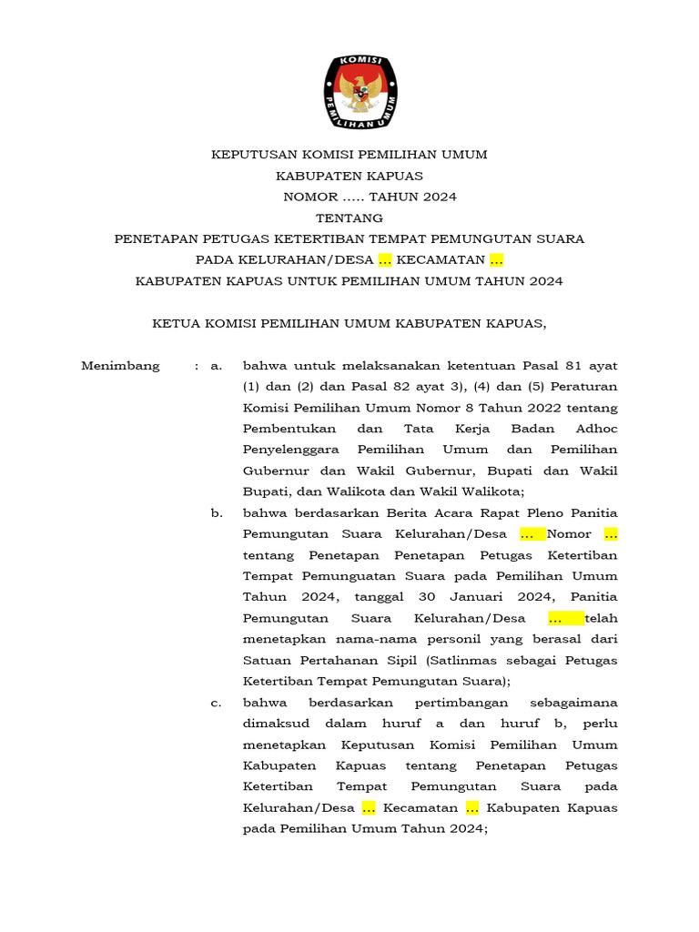 Template SK Petugas Ketertiban TPS Pemilu 2024 - Fix KapuasJan2024 | PDF