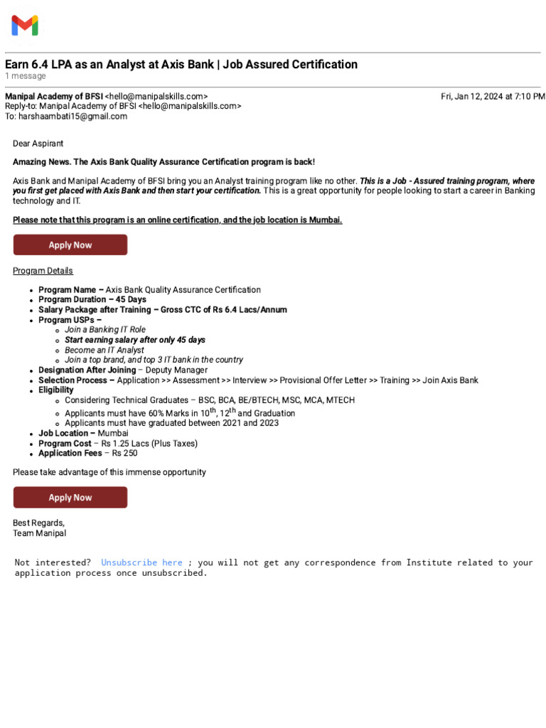 Gmail - Earn 6.4 LPA As An Analyst at Axis Bank - Job Assured ...
