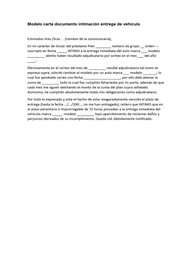 Modelo Carta Documento Intimacion Entrega de Vehiculo | PDF