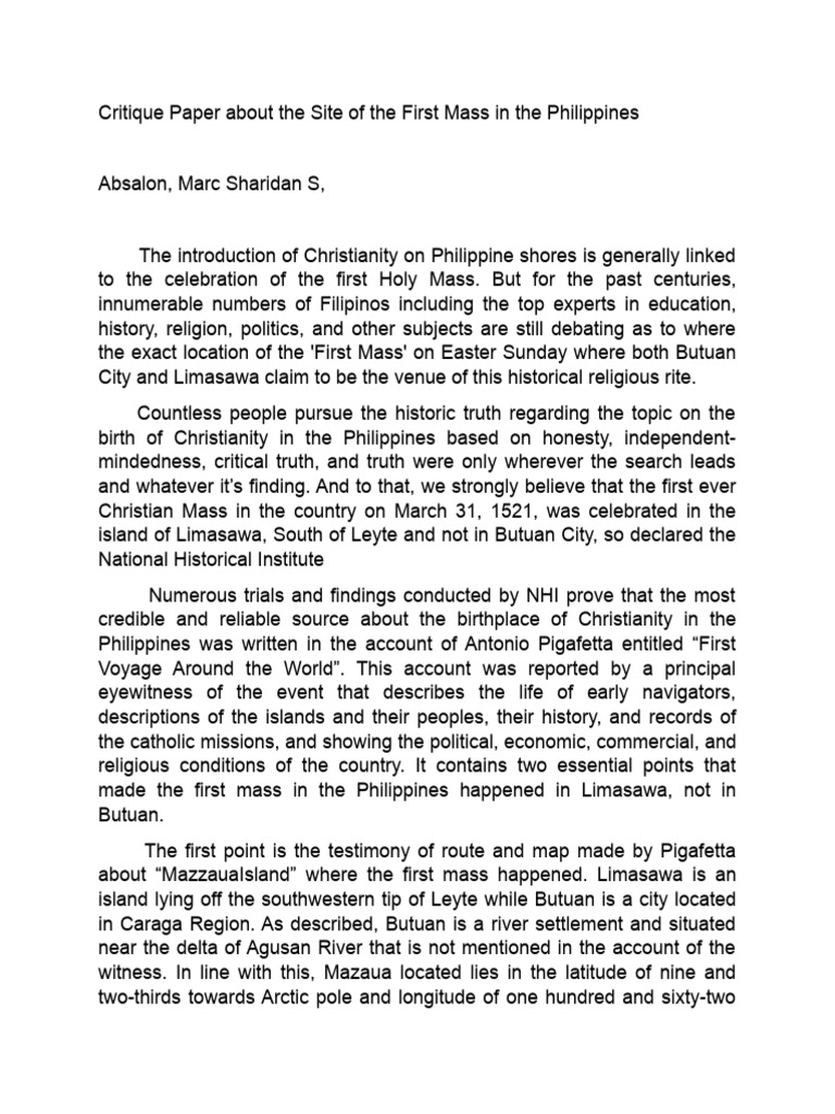 Critique Paper About The Site of The First Mass in The Philippines | PDF