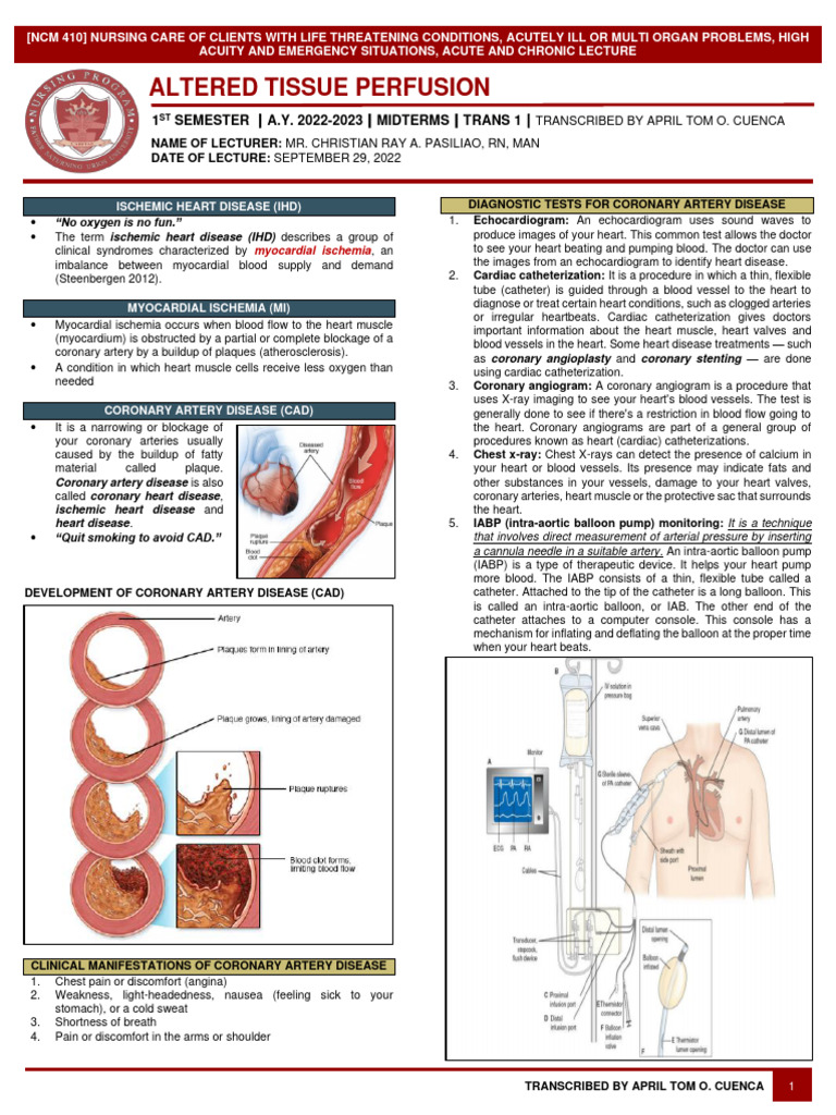 (NCM 410-M) Trans 1 - Altered Tissue Perfusion | PDF | Heart | Coronary ...