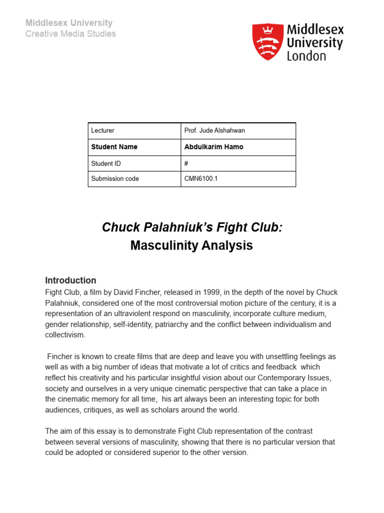 Chuck Palahniuk S Fight Club Masculinity | PDF | Masculinity | Gender