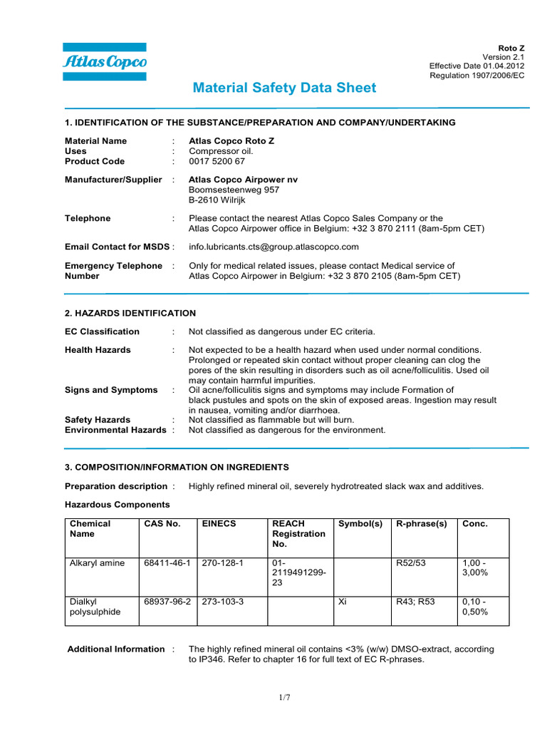 Atlas Copco Roto Z Fluid MSDS | PDF | Toxicity | Waste Management