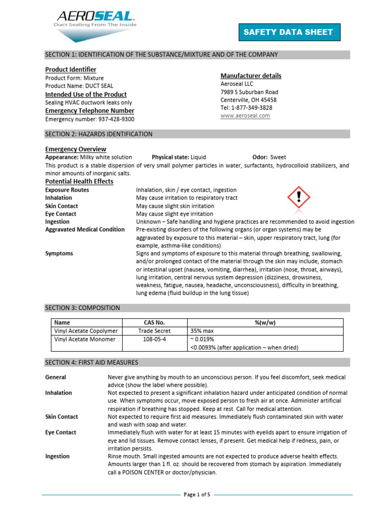 Aeroseal Duct Seal Safety Data Sheet | PDF
