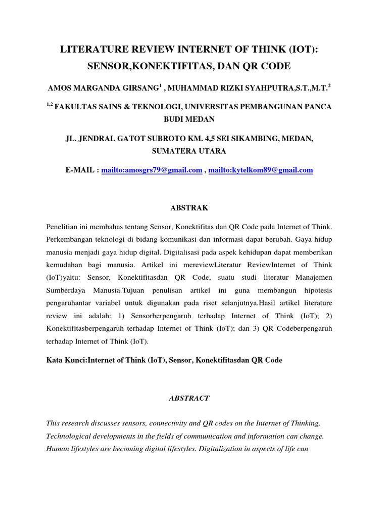 Literature Review Internet of Think (Iot) : Sensor, Konektifitas, Dan ...