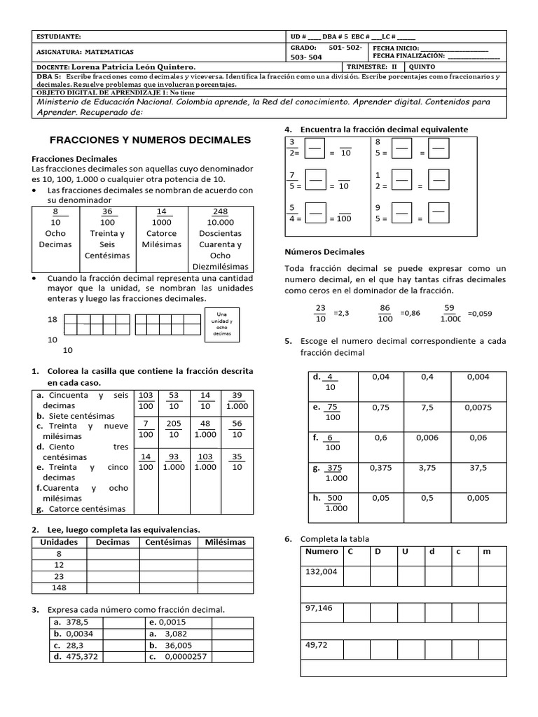 Fracciones y Decimales en Matemáticas | PDF