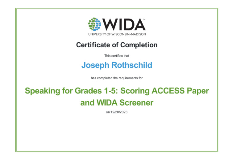 WIDA ELL Testing Certificate 2024 - Speaker GR 1-8 | PDF