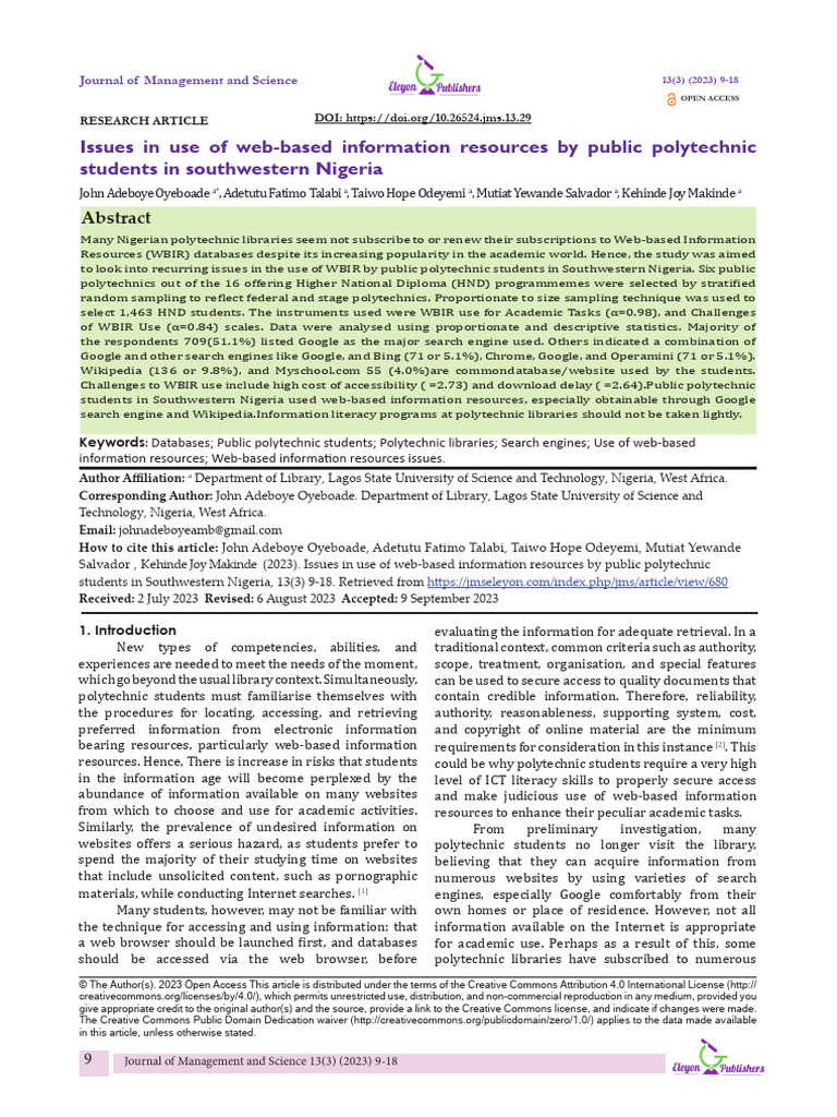Issues in Use of Web-Based Information Resources by Public Polytechnic ...