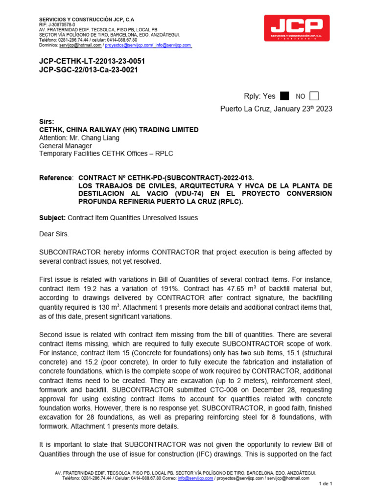 Jcp-Cethk-22013-Lt-22-0051. Carta para Resupestas de CTC | PDF | Engineering | Law Of Obligations