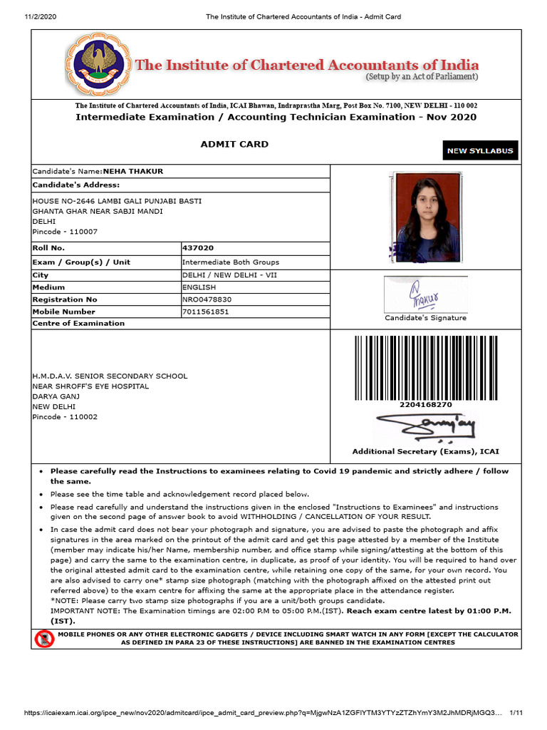 The Institute of Chartered Accountants of India - Admit Card | PDF ...