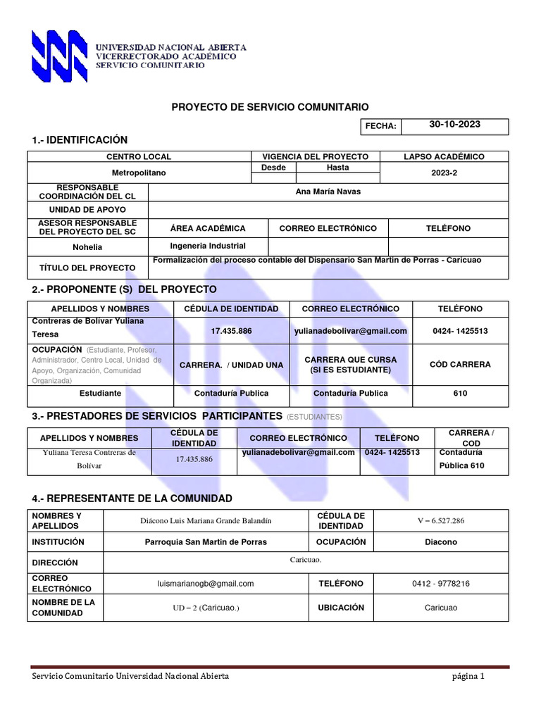 011 17435886 PROYECTO DE SERVICIO COMUNITARIO Lapso 2023-2 | PDF ...