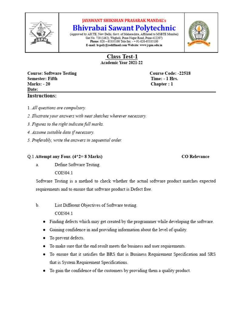 Software Testing Class Test 2021-22 | PDF | Software Testing | Quality ...