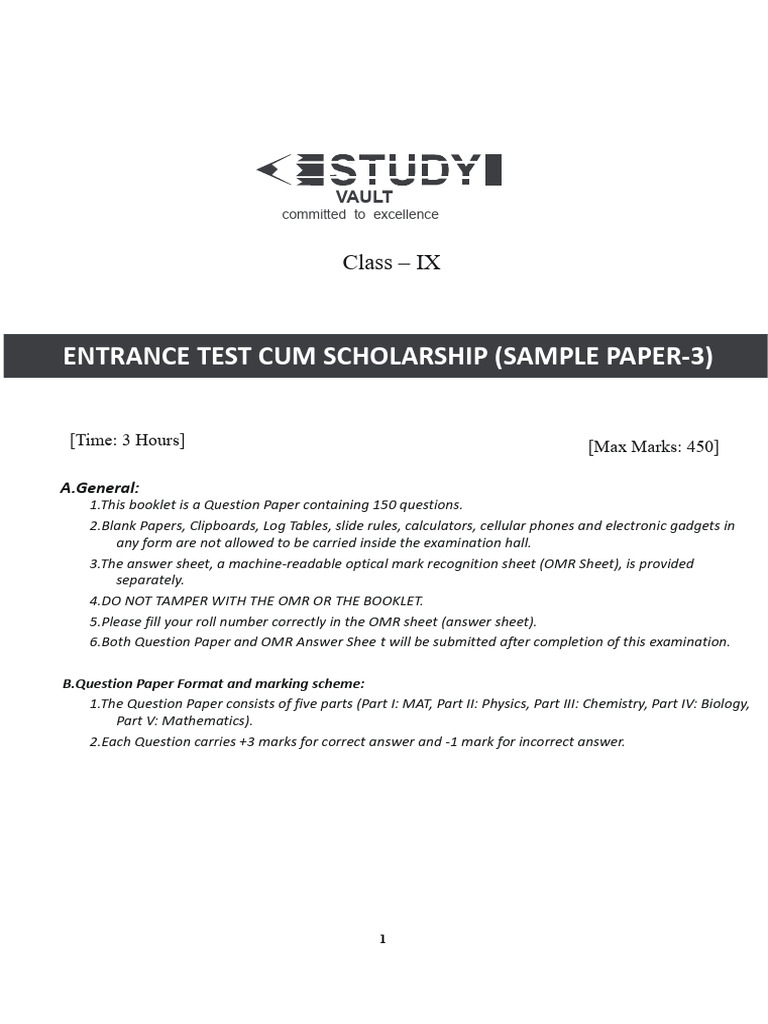 IX To X Entrance Test Sample Paper-3 | PDF | Mass | Force