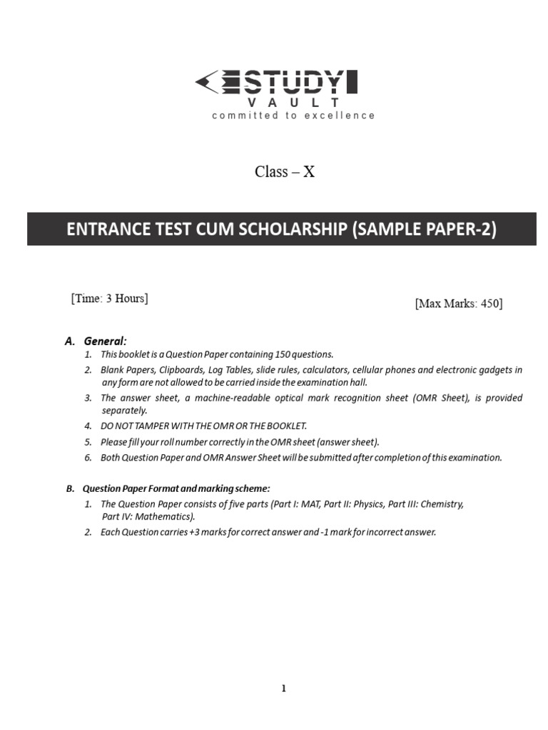 X To XI Entrance Test Sample Paper-2 | Download Free PDF | Series And ...