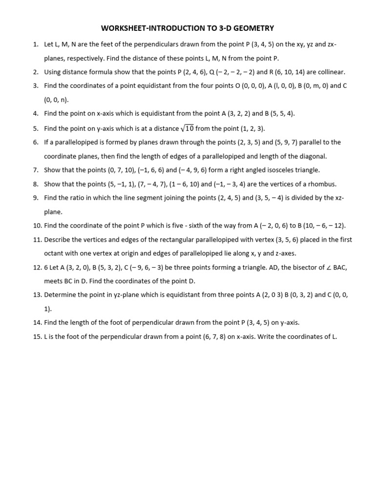 3D Geometry Worksheet Problems | PDF