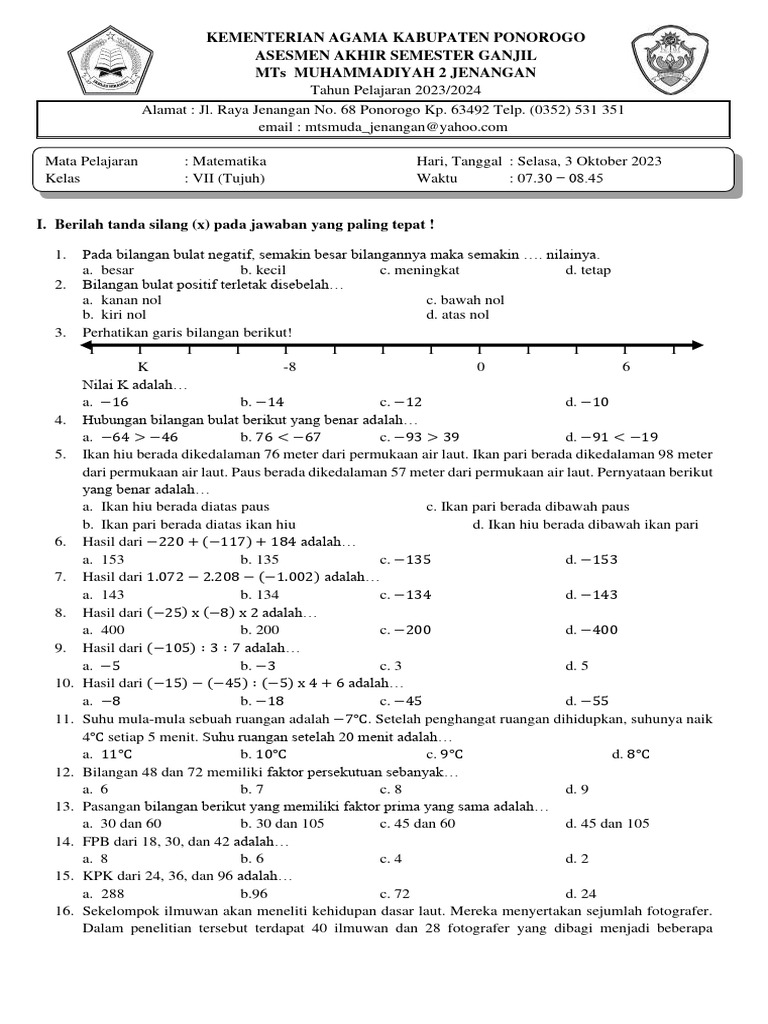 Pas Ganjil Matematika Kelas Vii | PDF