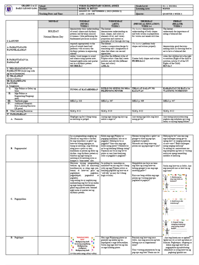 DLL - Mapeh 2 - Q1 - W1 | PDF | Learning | Cognition