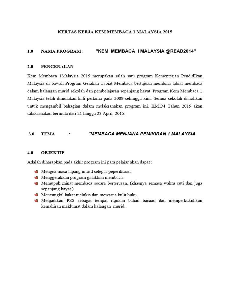 Kertas Kerja Kem Membaca 1 Malaysia 2015 | PDF