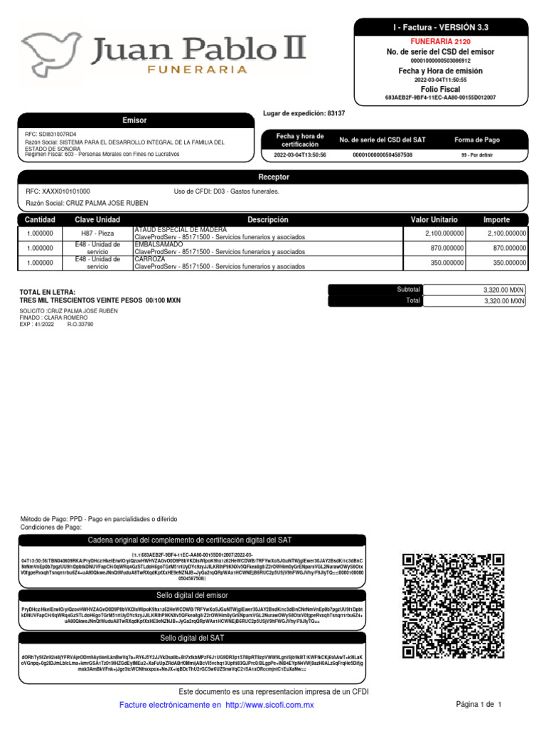 Factura de Servicios Funerarios | PDF