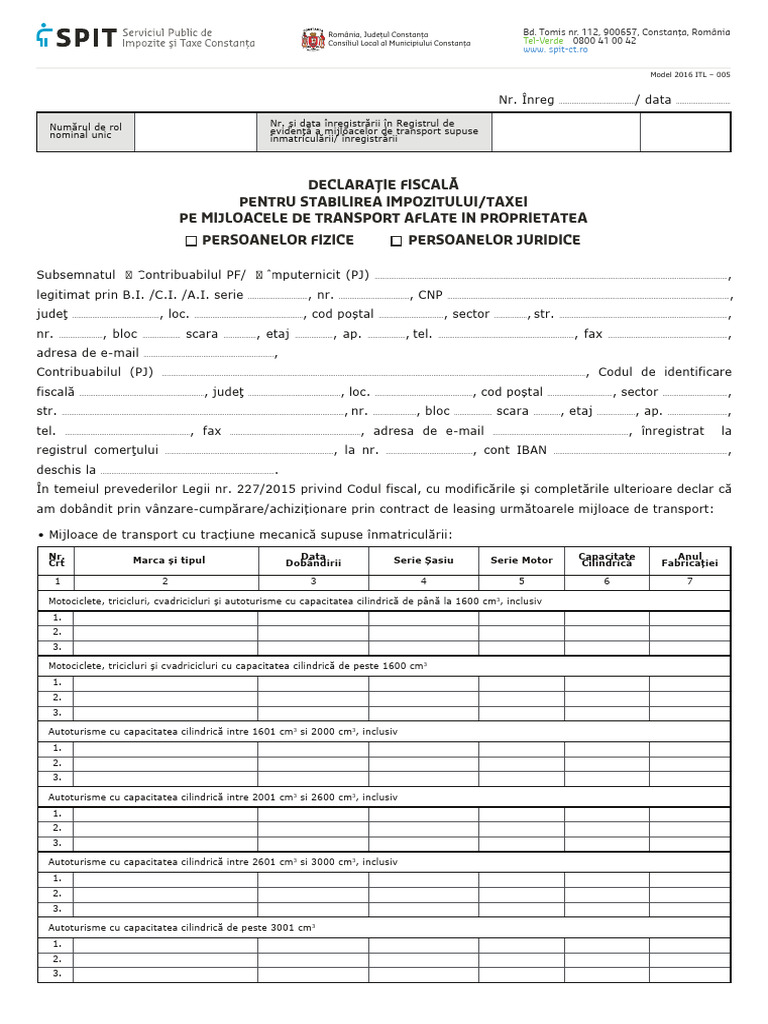 ITL 005 DECLARATIE Fiscala Pentru Stabilirea Impozitului Taxei Pe Mijloacele de Transport Aflate ...