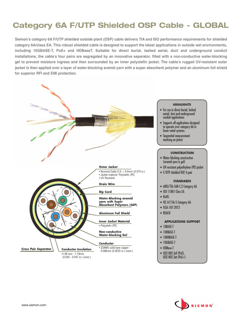 Siemon Category 6a F Utp Shielded Osp Cable Global - Spec Sheet | PDF