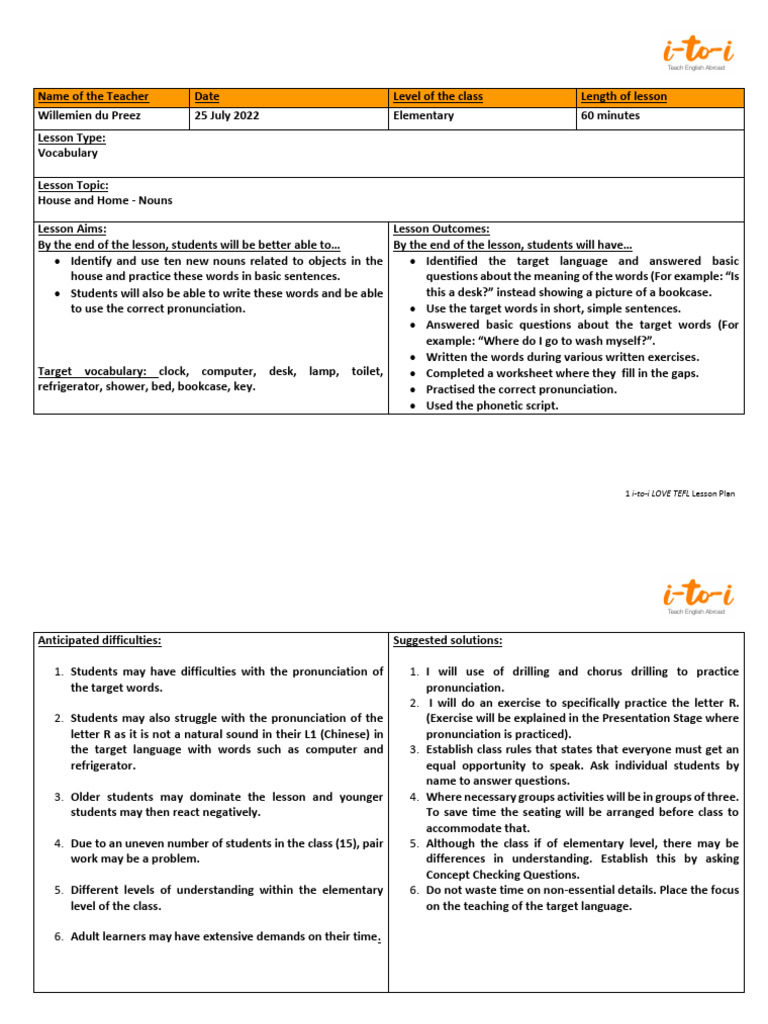 Willemien Du Preez Lesson Plan | PDF | Second Language | Lesson Plan