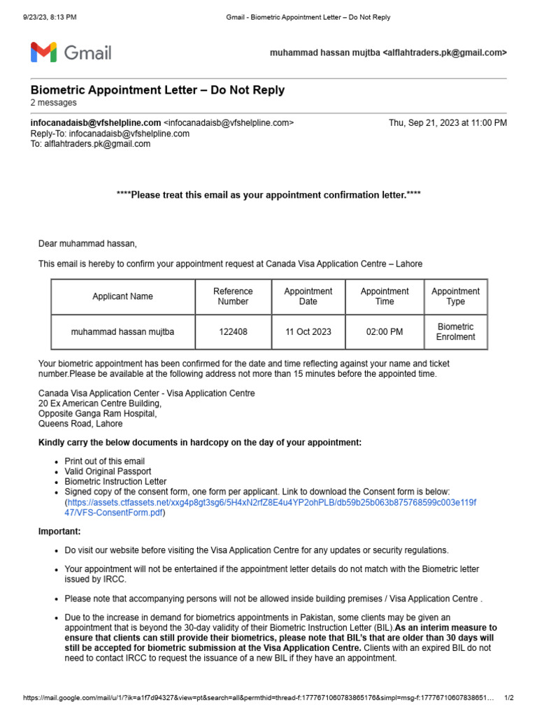 Canada Biometric Appointment Confirmation | PDF | Travel Visa ...