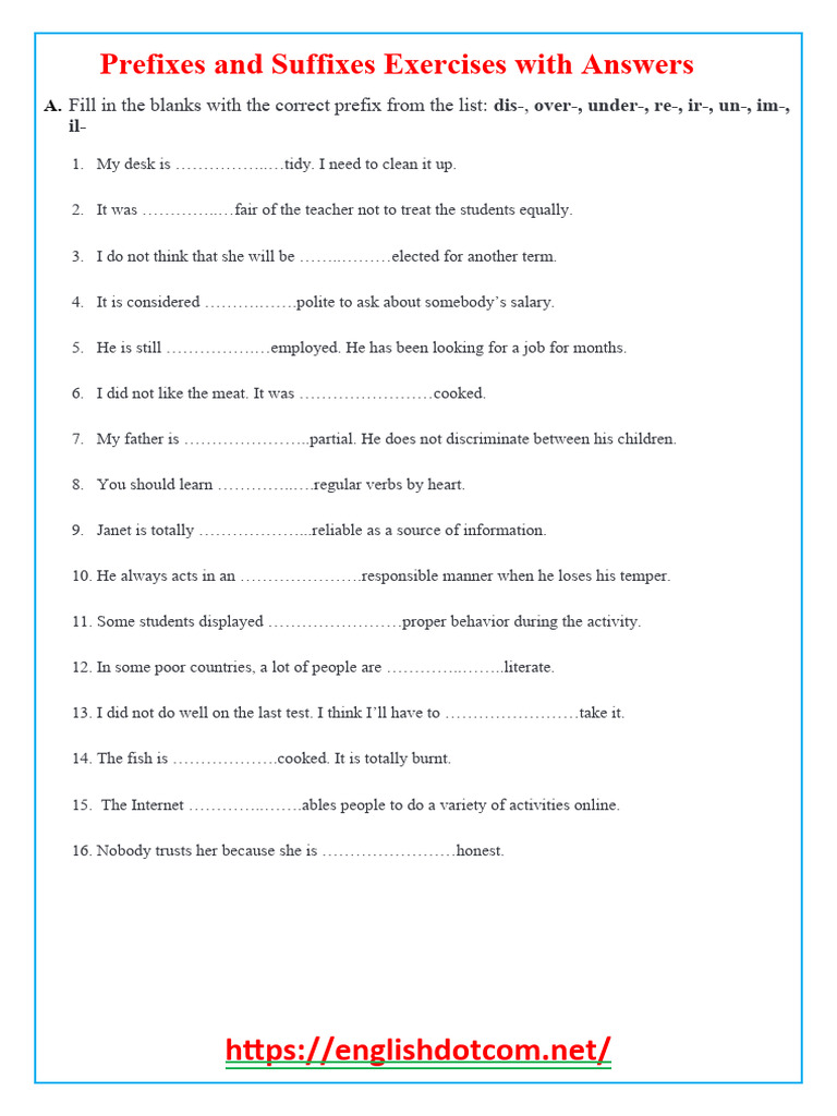 Prefixes and Suffixes Exercises With Answers Grammar Drills Writing ...
