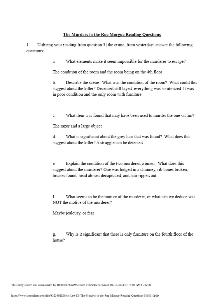 Kelis Lee EE The Murders in The Rue Morgue Reading Questions 3868610 ...