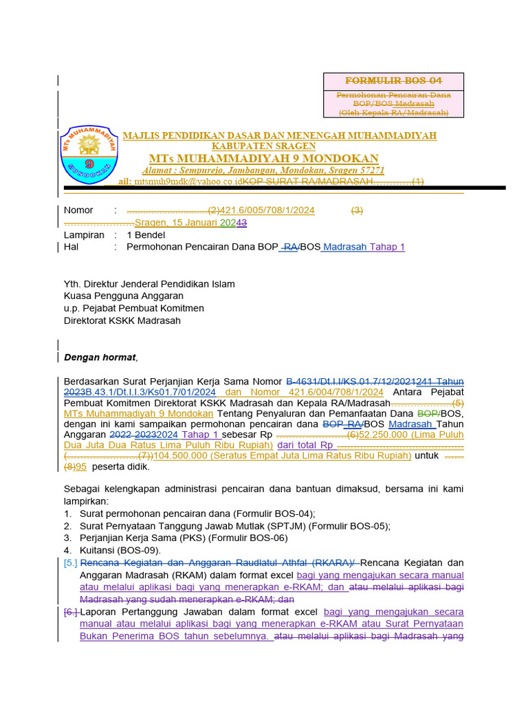 Surat Permohonan Pencairan Dana BOS TA 2024 | PDF