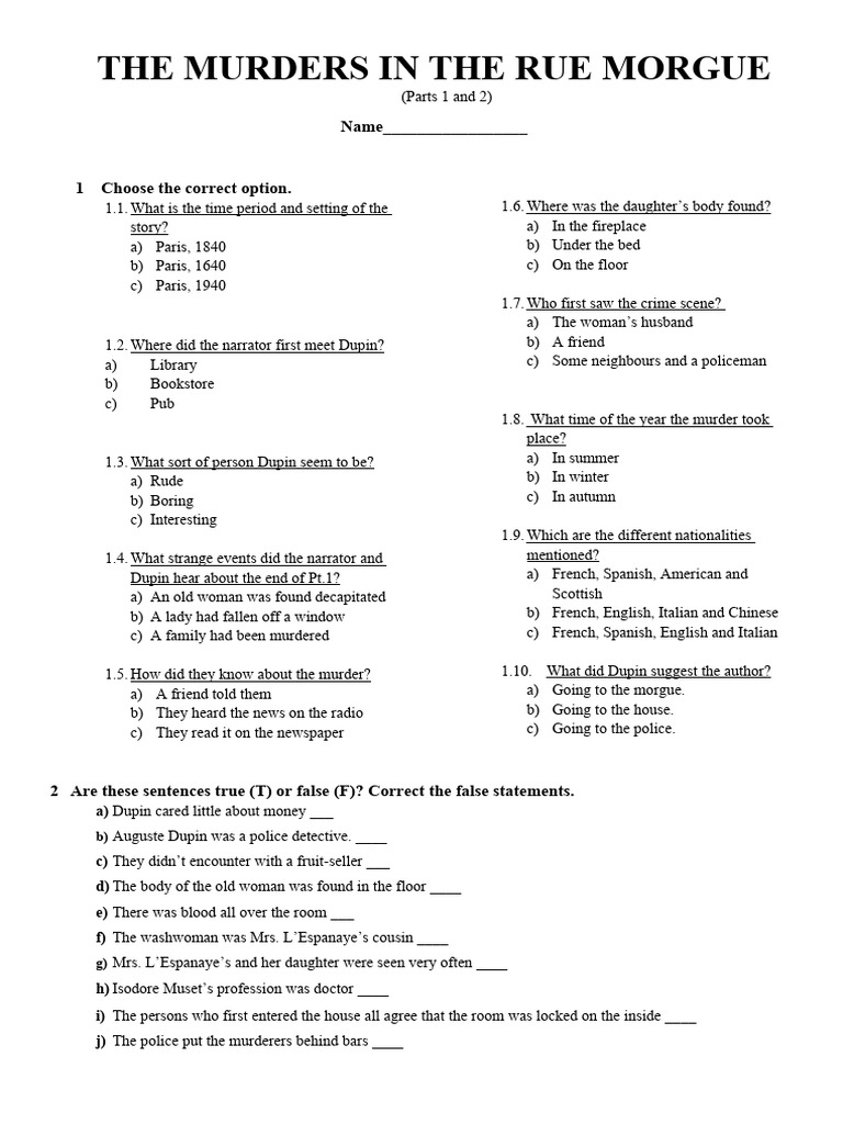THE MURDERS IN THE RUE MORGUE (Parts 1y2 - Questions) | PDF | C ...