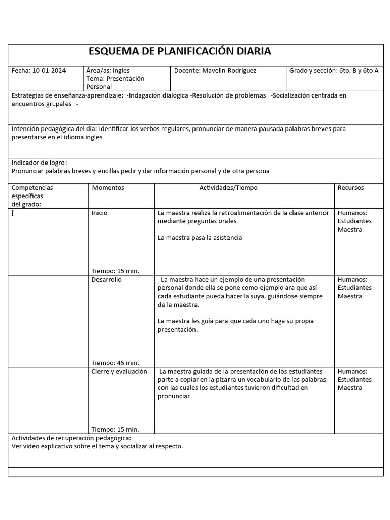 Esquema de Planificación Diaria | PDF