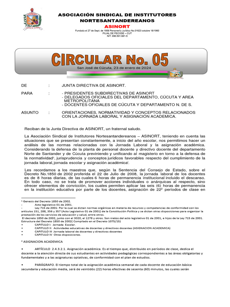 CIRCULAR No. 05 - ORIENTACIONES, NORMATIVIDAD CONCEPTOS RELACIONADOS CON LA JORNADA LABORAL Y ...