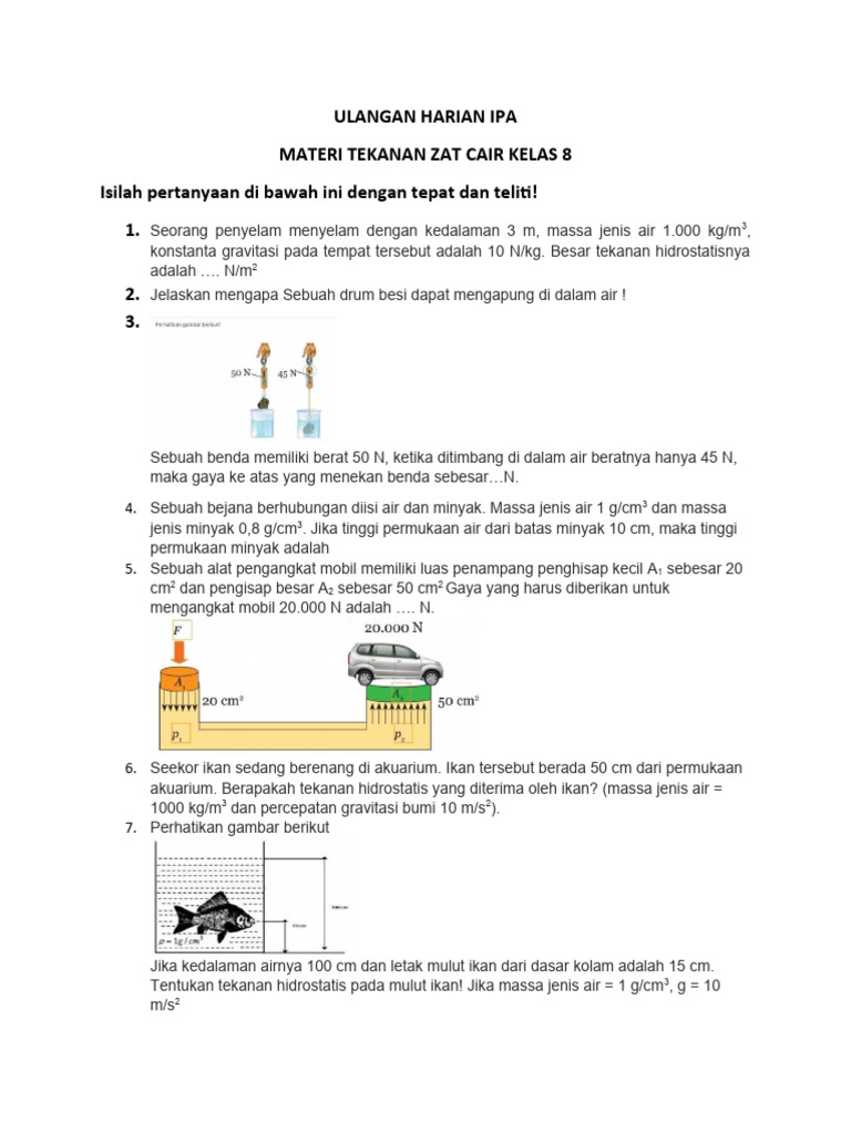 ULANGAN HARIAN IPA-8-tekanan Zat Cair | PDF | Sains & Matematika