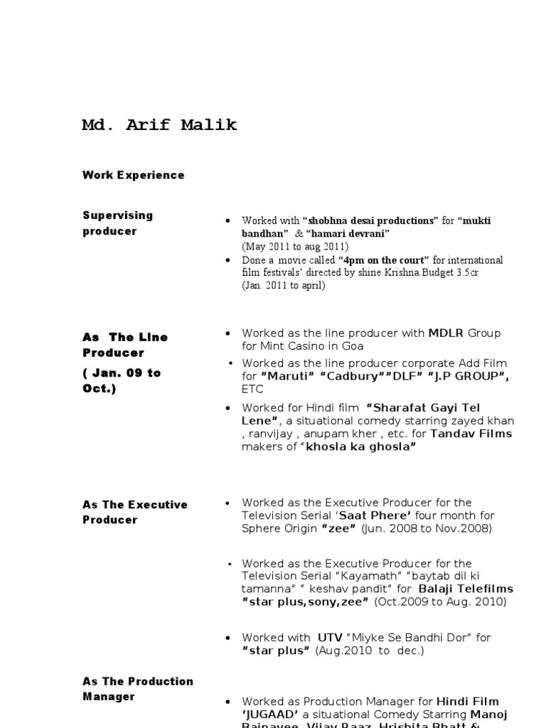 Resume - Arif Malik | PDF | Cinema | Leisure