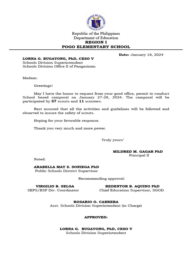 Letter of Request For School Camporal | PDF | Philippines | Outdoor ...