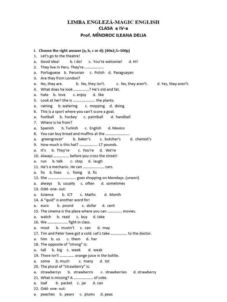 LIMBA ENGLEZA Test Grila Clasa A IV A Mindroc Ileana Delia | PDF | Foods