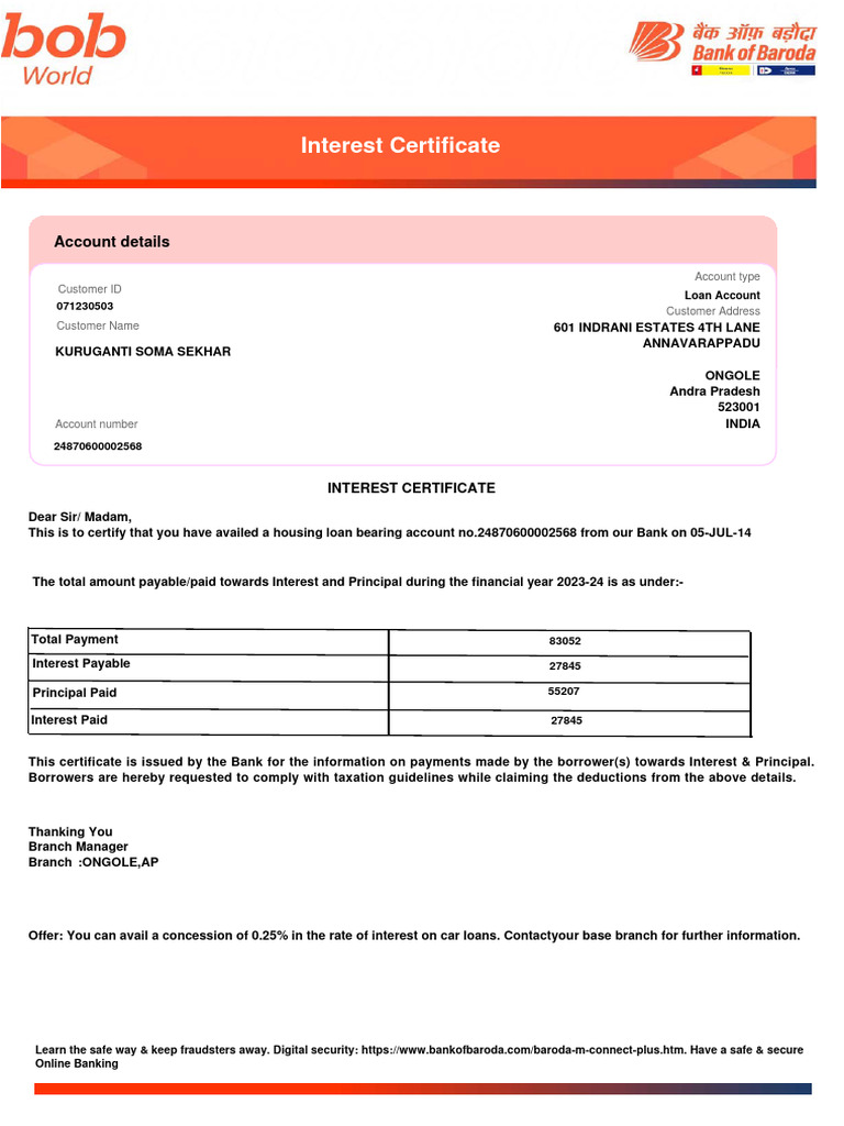 Bank of Baroda Home Loan Interest Certificate | PDF | Loans | Interest