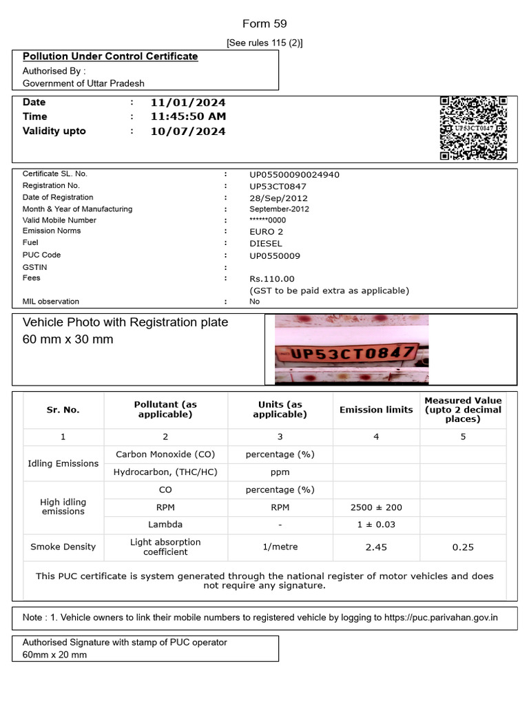 Form 59: Vehicle Photo With Registration Plate 60 MM X 30 MM | PDF ...