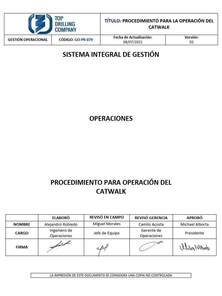 GO-PR-079 - Procedimiento de Operación Del Catwalk | PDF