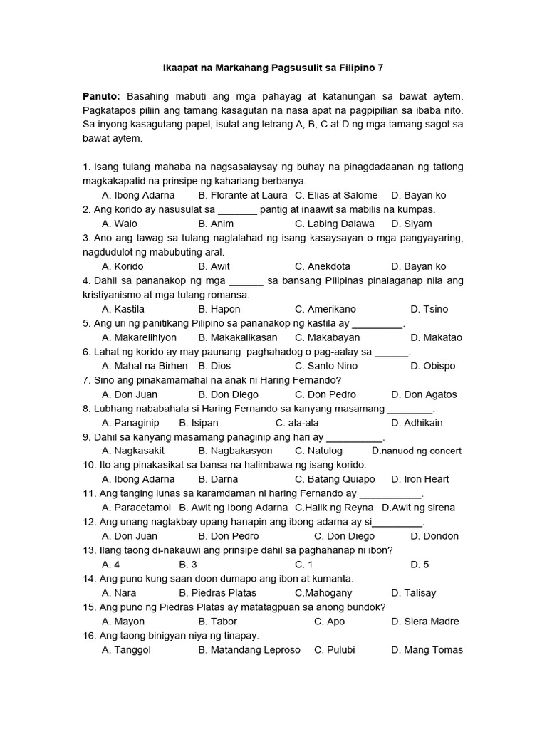 Ikaapat Na Markahang Pagsusulit Sa Filipino 7 | PDF Ikaapat Na Markahang Pagsusulit Sa Filipino 7 | PDF