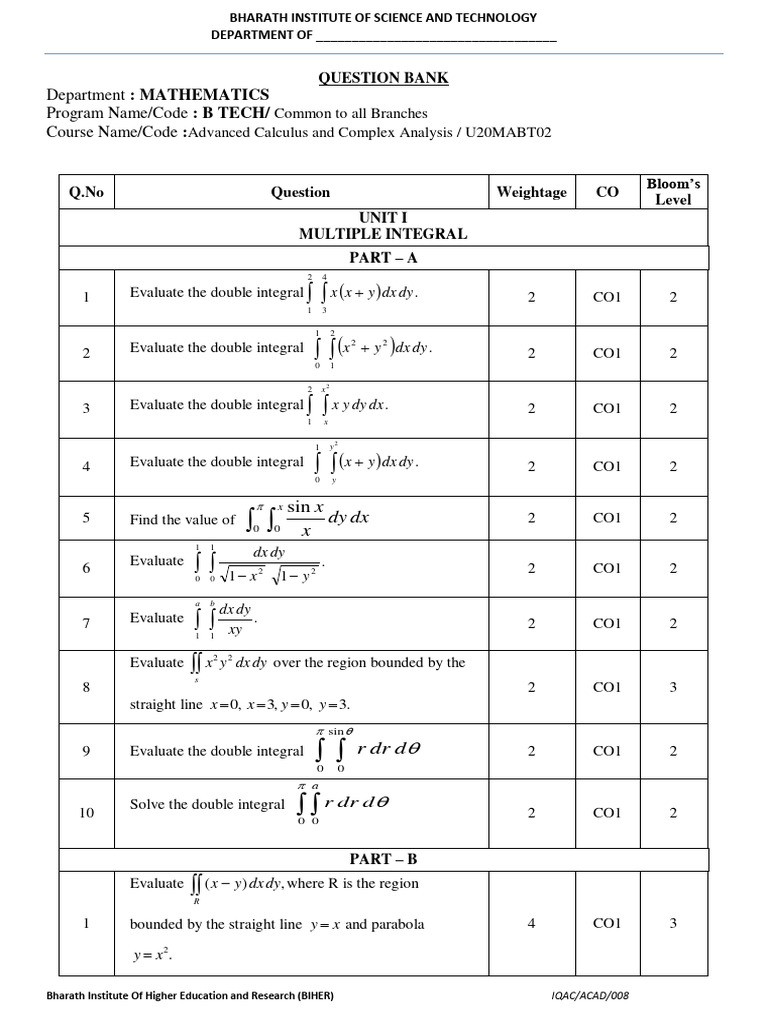 Advanced Calculus Question Bank | PDF | Integral | Mathematical Analysis