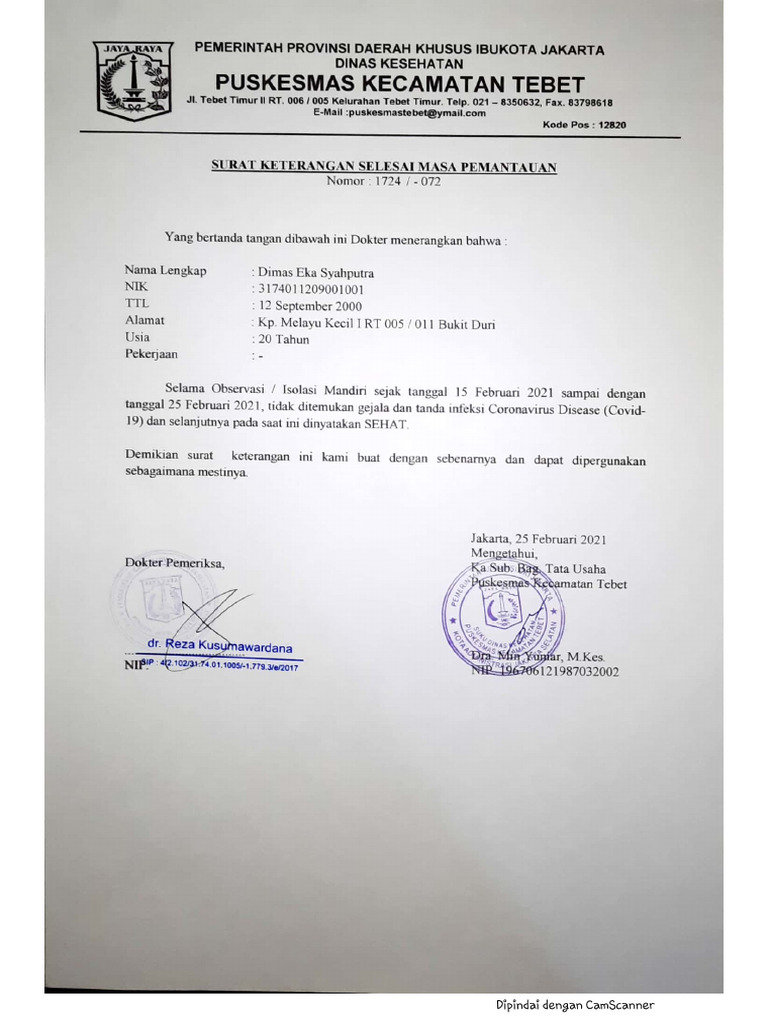 Surat Keterangan Selesai Masa Isoman - Dimas Eka Syahputra | PDF