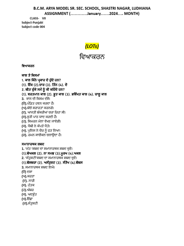 342-C-123782-Class VII Practice Assignment of Punjabi | PDF