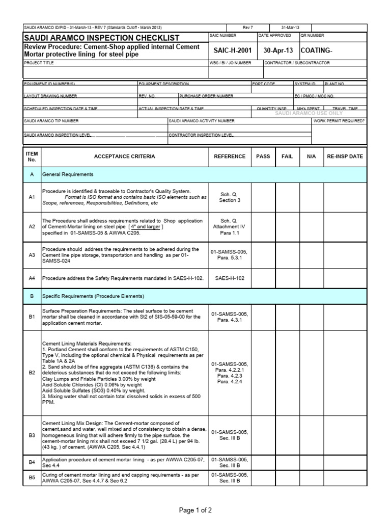 SAIC-H-2001 Rev 7 | PDF | Pipe (Fluid Conveyance) | Cement