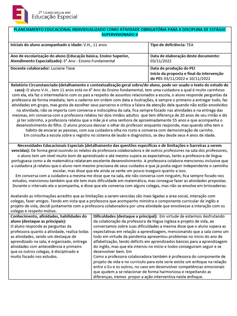 PLANO EDUCACIONAL INDIVIDUALIZADO (PEI) | PDF | Aprendizado