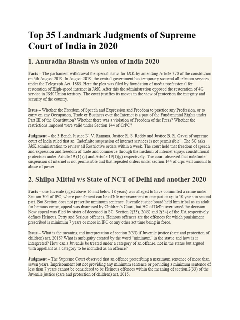 Top 35 Judgments of Supreme Court of India in 2020 | PDF | Reserve Bank ...
