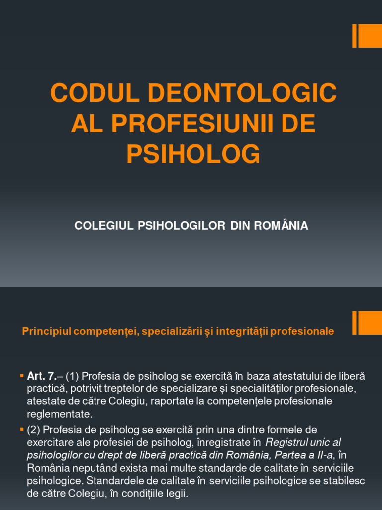 Codul Deontologic Al Profesiunii de Psiholog | PDF